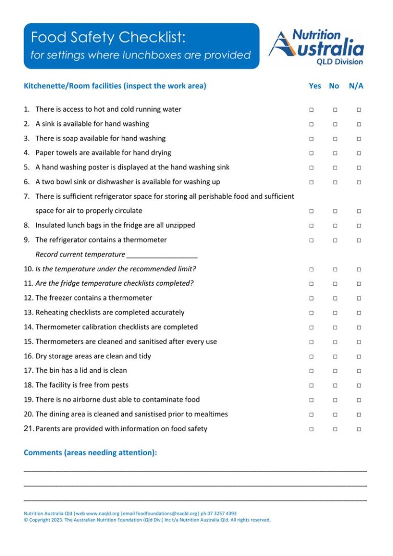 Food Safety Checklist: for settings where lunchboxes are provided ...